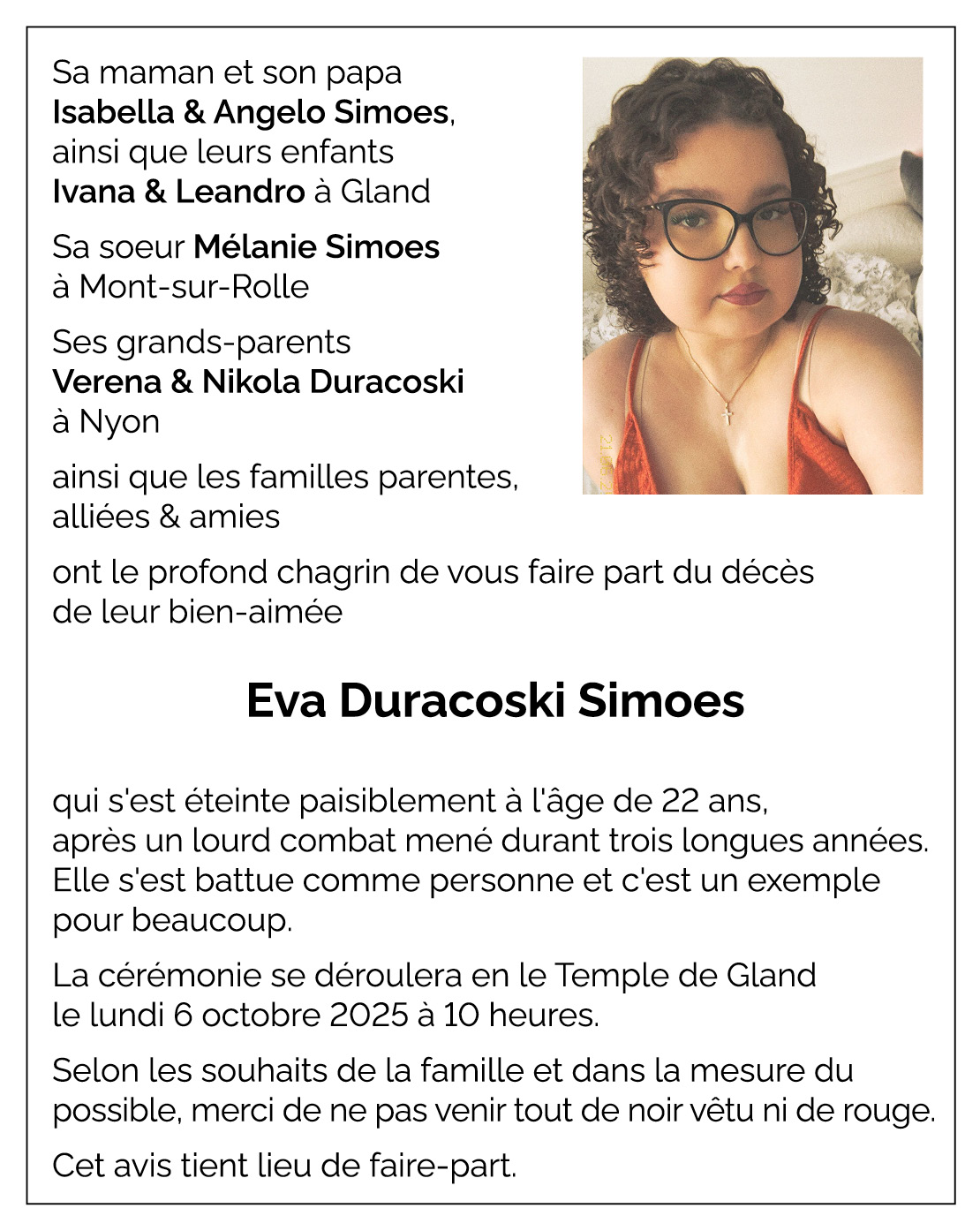 Avis de décès - Pompes Funèbres Koller & Bertschi SA